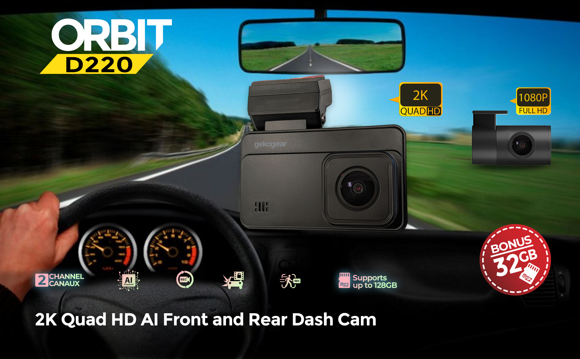 Orbit D220 2K Quad HD AI Front and Rear Dash Cam - GekoGear